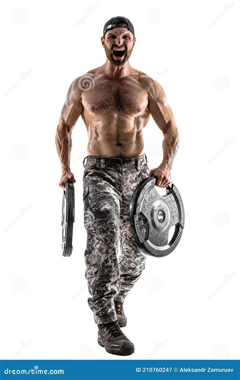 Muscular Athlete Bodybuilder Man In Camouflage Pants With A Nake Stock