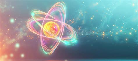 Atom Orbiting Nucleus With Electrons Rotating And Glowing Particles In Quantum Physics