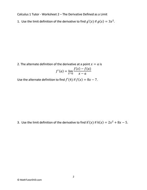 SOLUTION Calculus Worksheet And Solution The Derivative Defined As A Limit Studypool