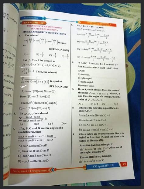 If A B C And D Are The Angles Of A Cyclic Quadrilateral Then Cosa Cosb C