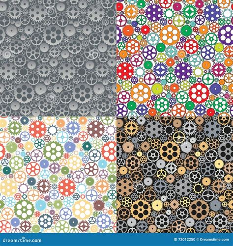 Vector Set Of 4 Seamless Patterns With Gears And Cogwheels Stock Vector Illustration Of