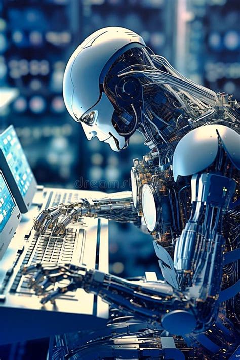 Artifical Robot Working On Computer Stock Illustration Illustration