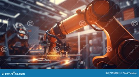 Industrial Robot Arm Working On Assembly Line In Factory With AI