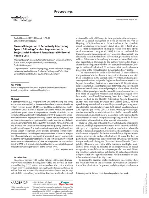 Pdf Binaural Integration Of Periodically Alternating Speech Following Cochlear Implantation In