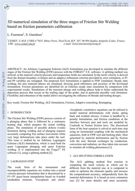 pdf 3d numerical simulation of the three stages of friction stir