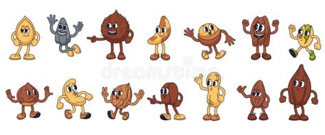 Retro Nut Mascot Groovy Nuts Happy Beans And Seeds Characters In Rubber Hose Cartoon Animation