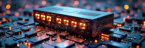 Network Switch With Led Indicators On Circuit Board With Orange Lights Stock Image Image Of