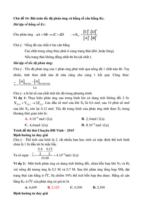 CĐ 16 V pư K cân bằng hoa12 Chÿ ß 16 Bài toán tßc ß phn ÿng và hng sß cân bng Kc Bài t