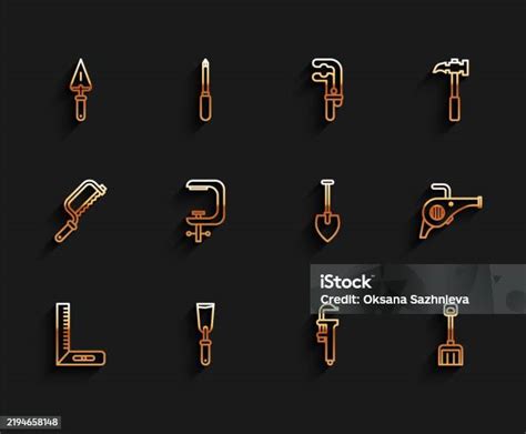 세트 라인 코너 눈금자 퍼티 나이프 흙손 캘리퍼스 캘리퍼스 및 스케일 눈 삽 클램프 나사 도구 잎 정원 송풍기 및 삽 아이콘 벡터 갈고리 발톱에 대한 스톡 벡터 아트 및