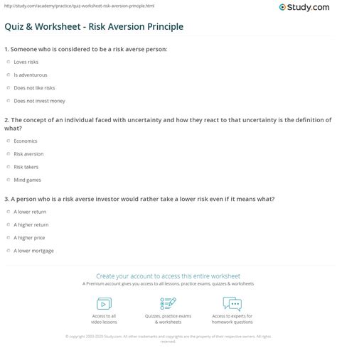 Quiz Worksheet Risk Aversion Principle Study Com