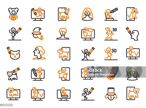 아트 및 드로잉 크리에이티브 프로젝트를 위한 검정색과 주황색의 윤곽선 아이콘 캐릭터 생성 및 개발 라인 아이콘 편집 가능한 획 설정 3차원 형태에 대한 스톡 벡터 아트 및
