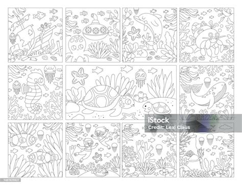 벡터 흑백은 바다 광장 풍경 아래에 놓여 있다 해초 산호가 있는 해양 생물 라인 장면 컬렉션 귀여운 물 자연 배경 또는 난파선