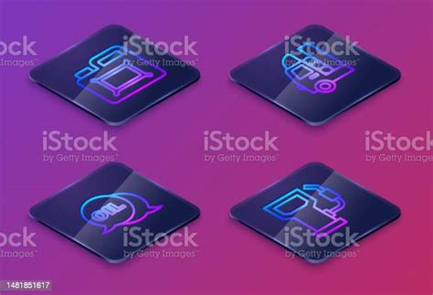 모터 오일 Word 가스 탱크 차량 및 휘발유 주유소에 대한 아이소메트릭 라인 캐니스터를 설정합니다 파란색 사각형 버튼 벡터 0명에 대한 스톡 벡터 아트 및 기타 이미지