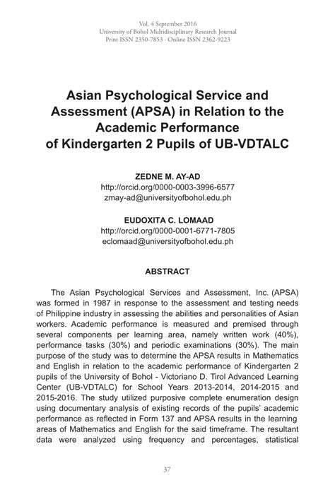 Pdf Asian Psychological Service And Assessment Apsa In Relation To The Academic Performance