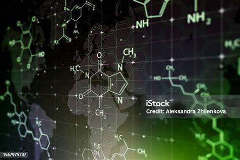 환경 교육 및 과학 개념에는 육각형 세계 지도가 있는 어두운 배경에 흰색 화학 분자 공식에 대한 관점이 있습니다 3d 렌더링 수학 공식에 대한 스톡 사진 및 기타 이미지
