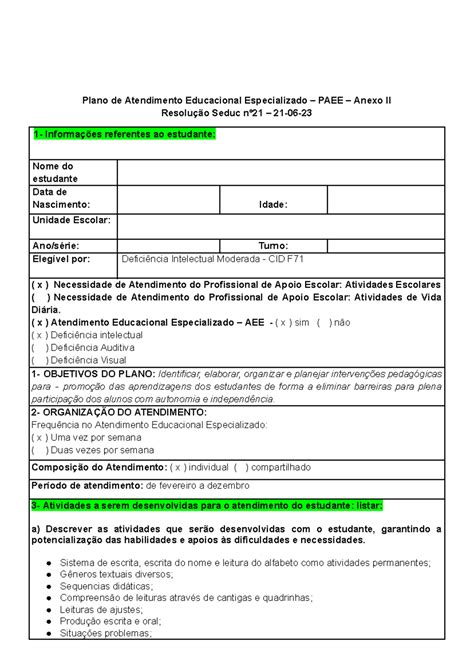 Paee Plano De Atendimento Educacional Especializado Para Estudantes