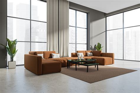 소파와 커피 테이블 파노라마 창문이있는 현대적인 라운지 룸 인테리어 0명에 대한 스톡 사진 및 기타 이미지 0명 3차원