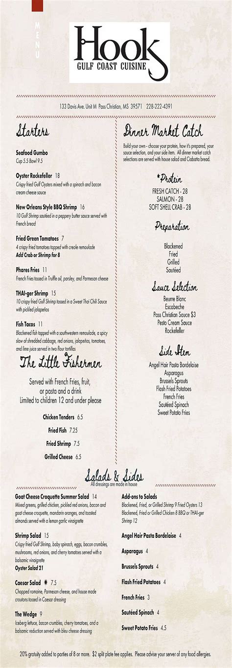 Menu At Hook Gulf Coast Cuisine Restaurant Pass Christian