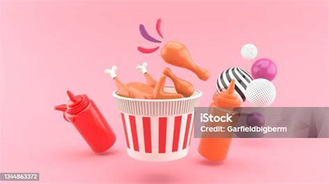 분홍색 배경에 칠리와 케첩으로 둘러싸인 양동이에 튀긴 닭고기패스트 푸드 배달을위한 일러스트 디자인3d 렌더링 N 3차원 형태에 대한 스톡 사진 및 기타 이미지 Istock