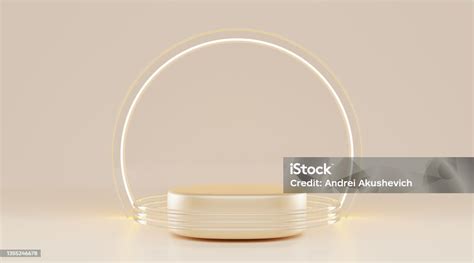 베이지 색 배경에 유리 빛나는 아치와 선명한 반지연단 또는 받침대 시상식빈 원통형 무대 제품 프레젠테이션 플랫폼 파스텔 색상의 스튜디오 룸 3d 렌더 야구 플레이트에 대한