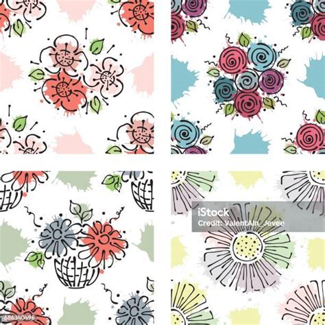원활한 벡터 손으로 그린 꽃 패턴의 설정 꽃 잎 스플래시 방울 끝 없는 배경 인쇄 자리 라인 드로잉 그래픽 일러스트 레이 션 배치 배경 직물 인쇄 귀여운에 대한 스톡 벡터