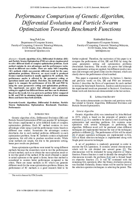 Pdf Performance Comparison Of Genetic Algorithm Differential Evolution And Particle Swarm