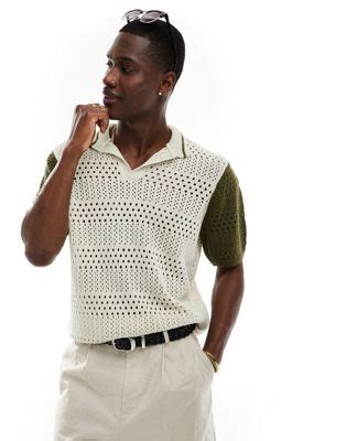 Asos Design Knitted Crochet Polo With Contrast Sleeves In Stone And