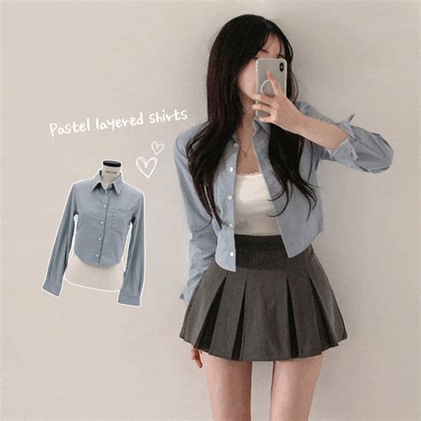 크리시크 6컬러spring 프레피 파스텔 코튼 레이어드 크롭셔츠