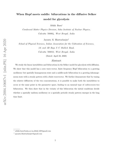 Pdf When Hopf Meets Saddle Bifurcations In The Diffusive Selkov Model For Glycolysis
