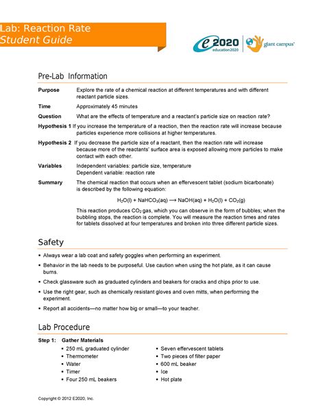 Chemistry Lab Reaction Rate Pre Lab Information Purpose Explore The