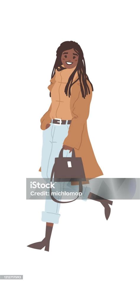 손으로 그린 패션 일러스트 아프리카 계 미국인 여성 의상입니다 만화 스타일 벡터 그리기 문자입니다 캐주얼 한 표정으로 플랫 아트 걸 인플루언서 가리기에 대한 스톡 벡터 아트