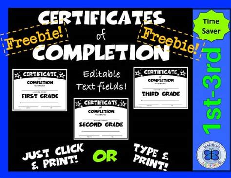 Freebie Certificates Of Completion 1st Grade 3rd Grade Editable