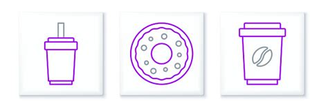 갈 줄 커피 컵 빨대와 도넛 아이콘이 있는 종이 유리를 설정합니다 벡터 깨끗한에 대한 스톡 벡터 아트 및 기타 이미지 깨끗한