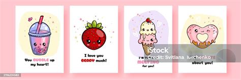 손으로 그린 하트 모양의 도넛 버블 티 딸기 카와이 스타일의 아이스크림 캐릭터와 재미있는 비문이 있는 귀여운 카드 세트 발렌타인