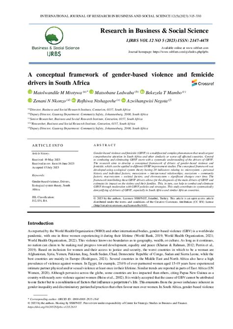 Pdf A Conceptual Framework Of Gender Based Violence And Femicide Drivers In South Africa