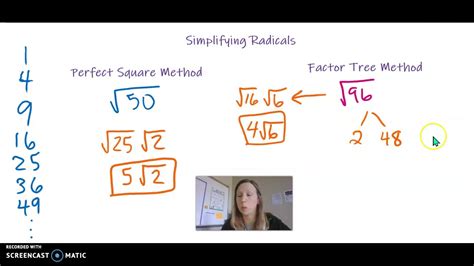 Simplifying Radicals Using Factor Tree And Perfect Squares Youtube