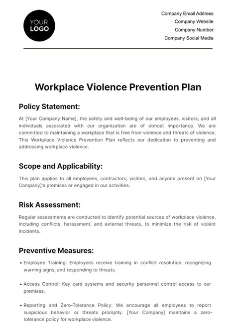 Workplace Violence Prevention Plan Template Prntbl
