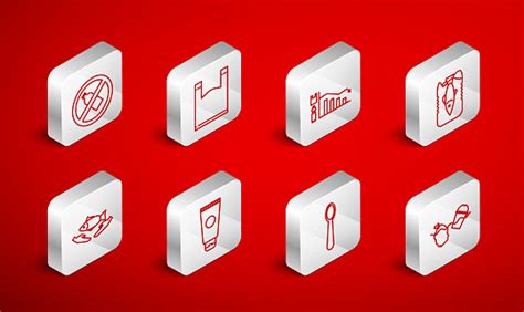 라인 설정 바다의 오염 문제 비닐 봉지 생태 인포 그래픽 플라스틱 중지 일회용 숟가락 병 없음 크림 화장품 튜브 및 물고기 관리 아이콘 벡터 0명에 대한 스톡 벡터 아트 및