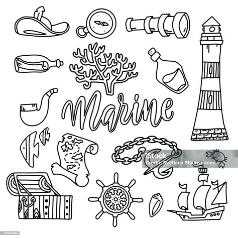 해상 손 그리기 선 아이콘 세트입니다 등대 보트 투구 앵커 선박 나침반 등대 나침반 지도 스파이글래스 및 스티어링 휠 표지판과 같은 17 개의 항해 개요 그림 모음 0명에