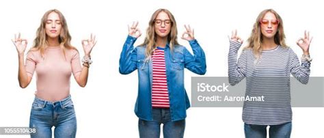 젊은 아름 다운 젊은 여자 눈으로 웃 고 흰색 절연된 배경 긴장 위에 보이는 캐주얼을 입고 손가락으로 명상 제스처를 하 고 폐쇄 요가 개념 개념에 대한 스톡 사진 및 기타