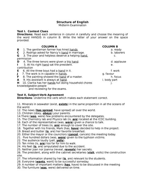 SE Midterm Examination Structure Of English Midterm Examination Test I Context Clues