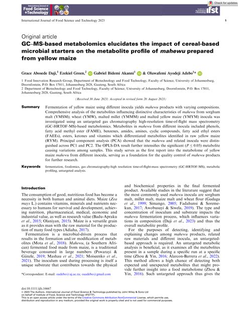 Pdf Gcms‐based Metabolomics Elucidates The Impact Of Cereal‐based