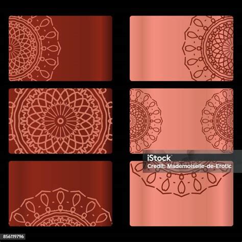 6 명함 추상적인 꽃 만다라 디자인의 Ll1386set 오리엔탈 꽃 패턴입니다 벡터 일러스트 레이 션 손이 그린된 만화경 배경 붉은 벽돌 색 0명에 대한 스톡 벡터 아트 및