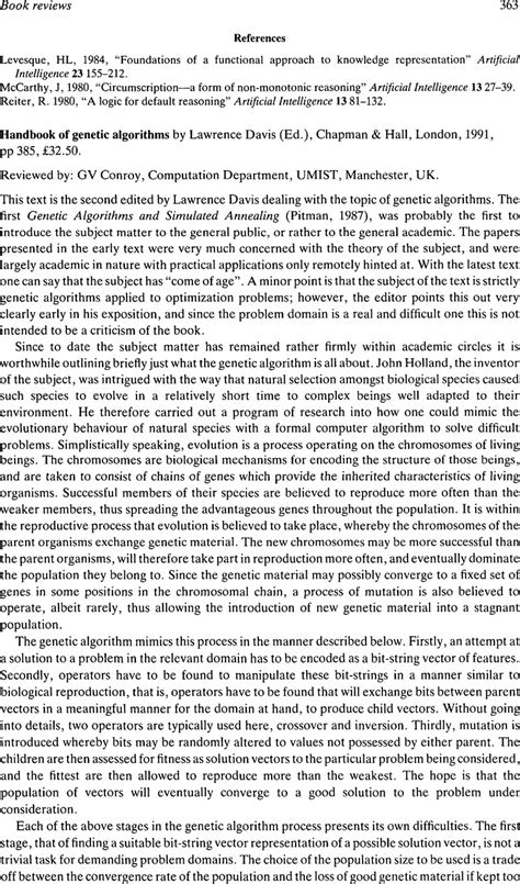 Handbook Of Genetic Algorithms By Lawrence Davis Ed Chapman And Hall