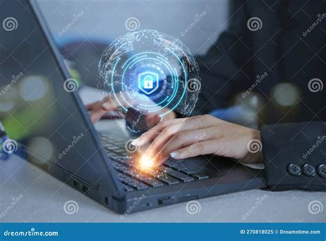 Woman Hands Working On Computer And Lock Hologram Drawing In The World Cyber Security Concept