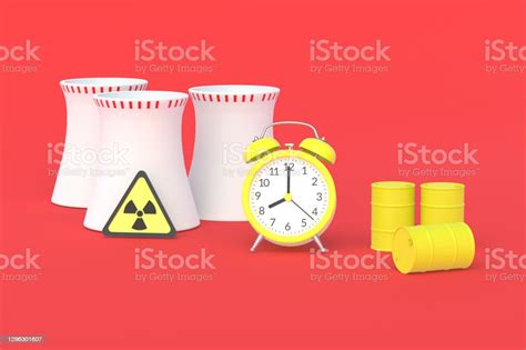시계와 표지판 근처에 방사성 폐기물이 있는 원자력 발전소와 배럴 유독 폐기물의 보관 및 보관 시간 방사선 요소의 유통 기한 3d 렌더링 0명에 대한 스톡 사진 및 기타