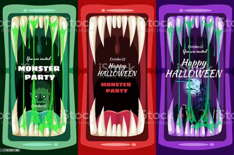세트 소름 할로윈 파티 배너 무서운 괴물 캐릭터 치아 턱 입 침 닫기 어두운 성 호박 머리 좀비 묘지 벡터 무서운 일러스트 초대 전단지 템플릿 10월에 대한 스톡 벡터 아트