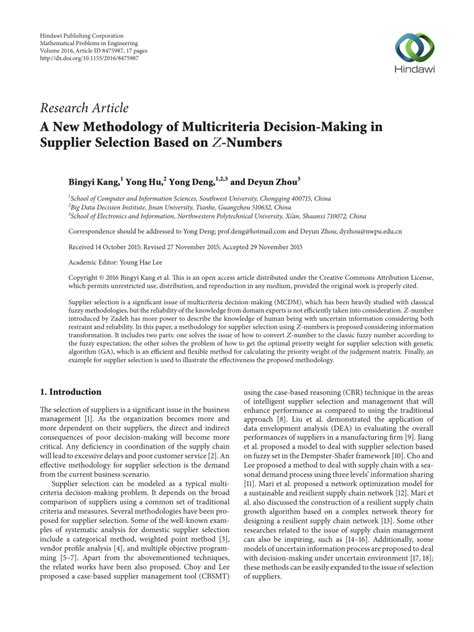 Pdf A New Methodology Of Multicriteria Decision Making In Supplier Selection Based On Z Numbers