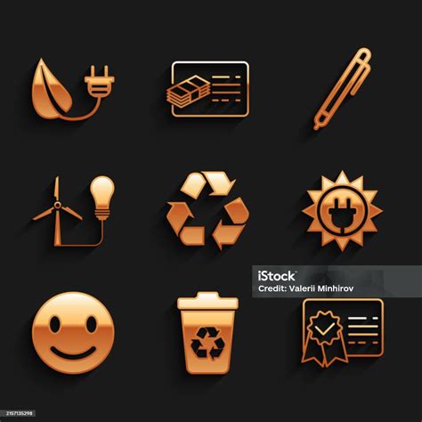 재활용 기호 재활용 쓰레기통 인증서 템플릿 태양 에너지 패널 웃는 얼굴 전구 풍력 터빈 펜 및 전기 절약 플러그 리프 아이콘을 설정합니다 벡터 검은색에 대한 스톡 벡터 아트