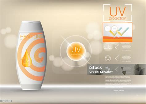 화장품 제품 광고 디자인 벡터 그림 Eps10입니다 자외선 노출 광고 템플릿 크림 또는 액체 태양 보호 화장품 디자인 개념에